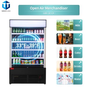 WESTLAKE Commercial Refrigerator Open Air Merchandiser with LED Lighting and Night Curtain 24 Cu.ft 45.7” W 25.6" D Upright Fan Cooling Display Cooler for Stores, Supermarkets, Bar, Shops, etc