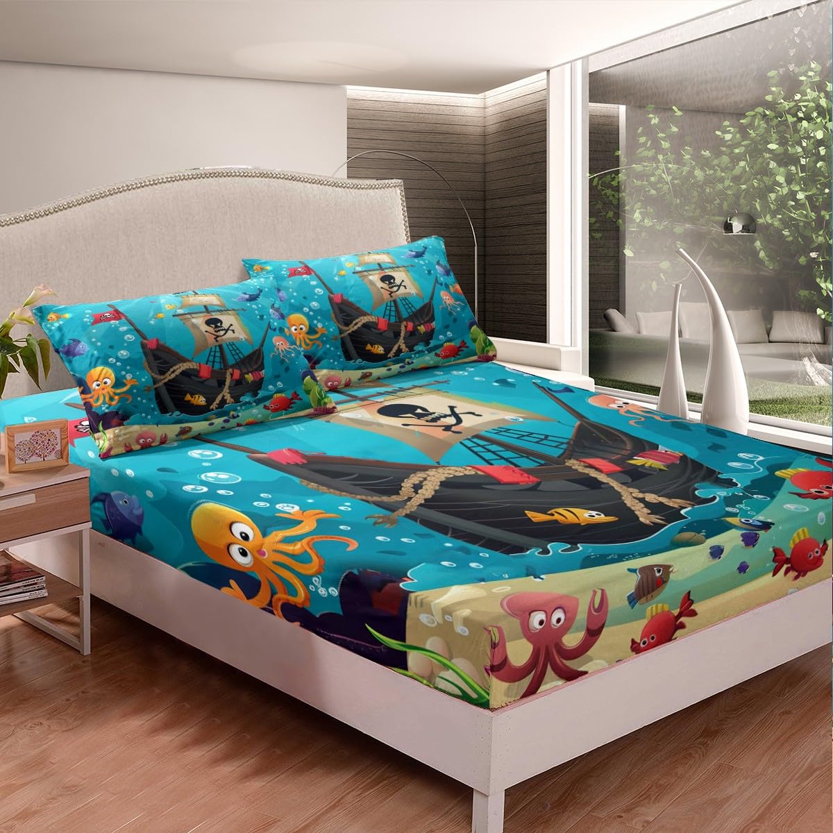 Cartoon Pirate Ship Fitted Sheet Twin Size Marine Adventure Bedding Set Girls Boys Adults Underwater Fish Bed Cover Cute Octopus Jellyfish Bed Sheet,1 Pillowcase