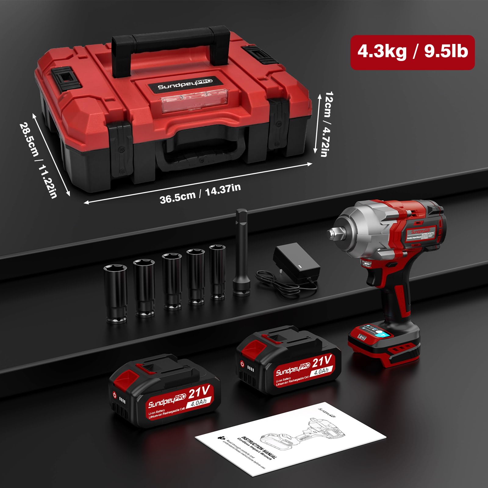 SundpeyPRO Cordless Impact Wrench 900Ft-lbs(1200N·m) - 21V 1/2" Brushless Power Impact Driver with 2 * 4.0Ah Batteries - 3200RPM High Torque Electric Impact Gun with Sockets & Fast Charger & Case