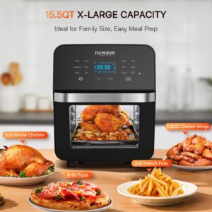 Nuwave Brio 15.5Qt 10-IN-1 Air Fryer Rotisserie Oven, XL Family Size, Even & Crisp AirFry, Reheat, Roast, Dehydrate for Quick Meals, 50°-425°F Control, 100 Presets & 50 Memory, Dishwasher-Safe, 1800W