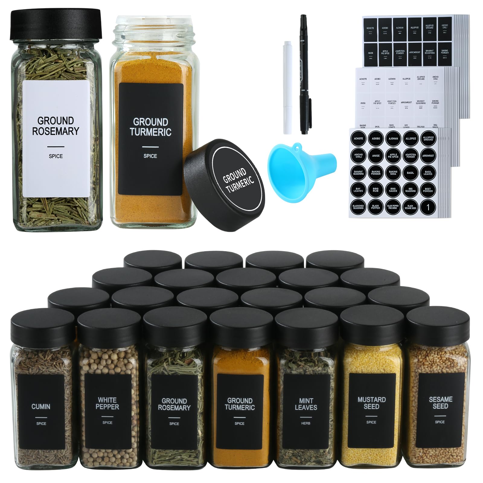 GMAMXD 24 Glass Spice Jars with Labels,Spice Jar Set,4oz Seasoning Containers,Spice Containers with Black Airtight Lids and Shaker Lids,Square Empty Spice Bottles, 492 Labels,2 Marker Pens,1 Funnel