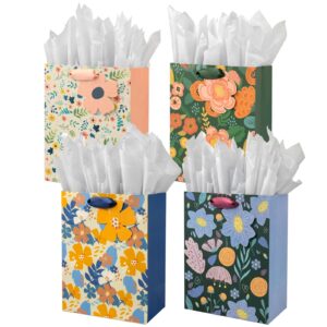 cofullsky gift bags medium size, four flower designs gift bags with tissue paper for wedding bridal baby shower women reusable gift bags with handles for valentines day christmas holiday birthdays