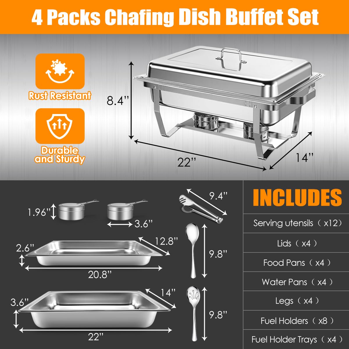 4 Pack Stainless Steel Chafing Dishes Buffet Set with Serving Utensils Sets by Teivio,9 QT Rectangular Silver Chafer Complete Set, Buffet Servers and Food Warmer for Catering, Party, Wedding