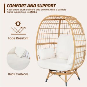 Temminkki Oversized Wicker Egg Chair Outdoor Indoor All-Weather Basket Lounger Chair with Beige Cushion 440lb Capacity