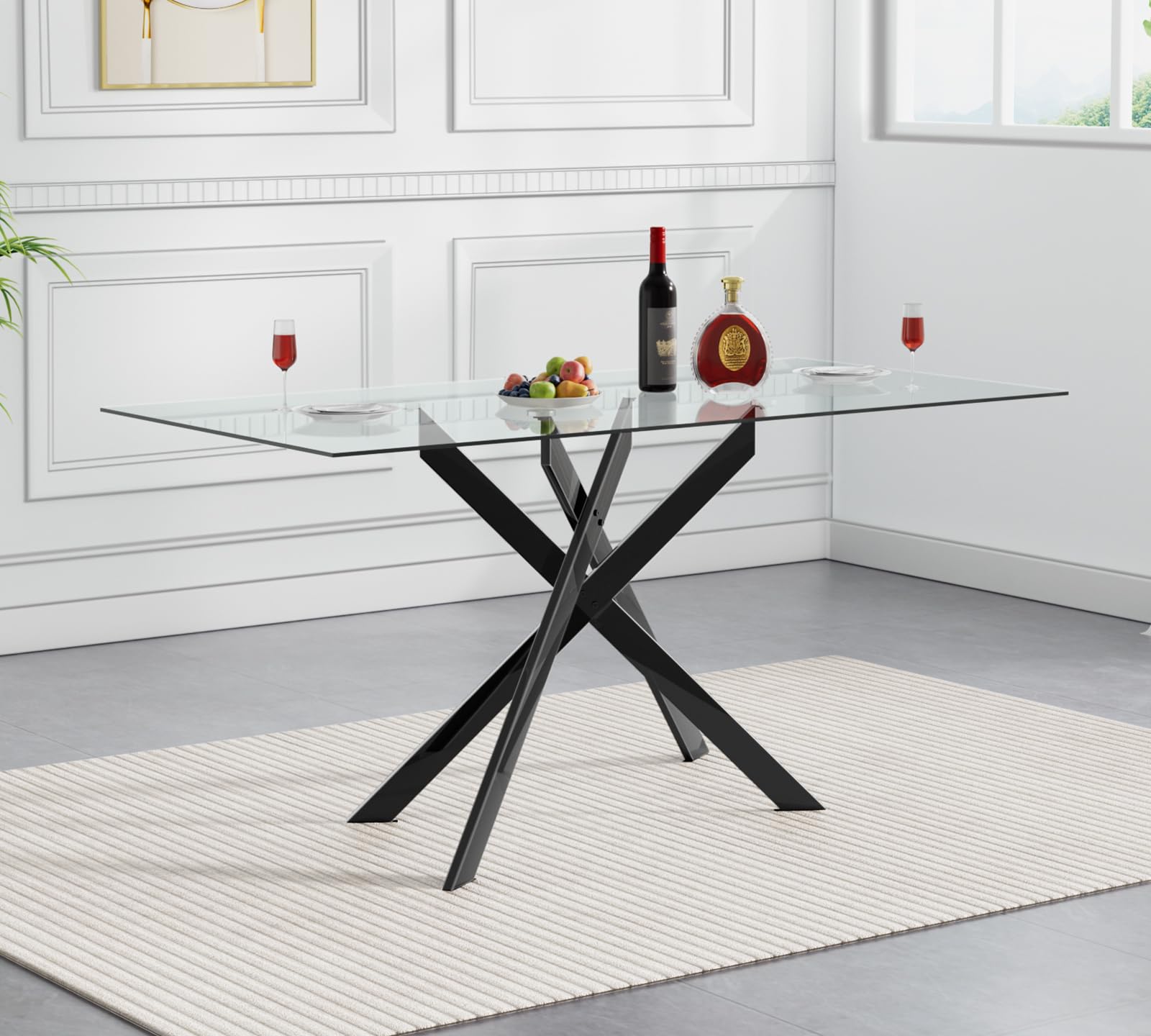 Glass Dining Table for 4 or 6, Rectangle Kitchen Table with X Shape Metal Legs, Tempered Glass Top Dining Room Table for 4, Dining Table for Dining Room Home Kitchen Glass Dintte Table