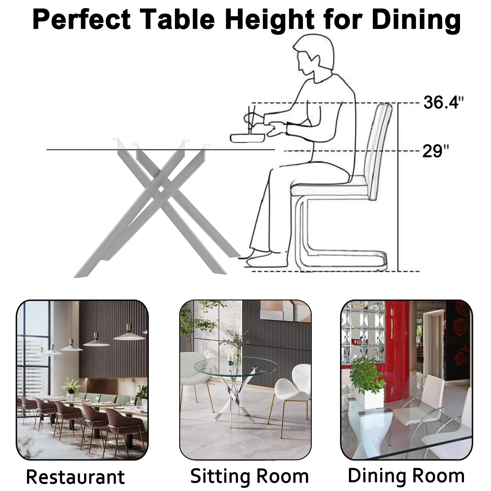 Glass Dining Table for 4 or 6, Rectangle Kitchen Table with X Shape Metal Legs, Tempered Glass Top Dining Room Table for 4, Dining Table for Dining Room Home Kitchen Glass Dintte Table