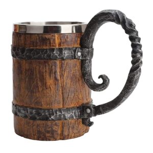 laugokobe wooden barrel beer mug, large viking cup wood style beer stein with handle, double wall stainless steel tankard mug, antique gifts for men bar restaurant renaissance accessories