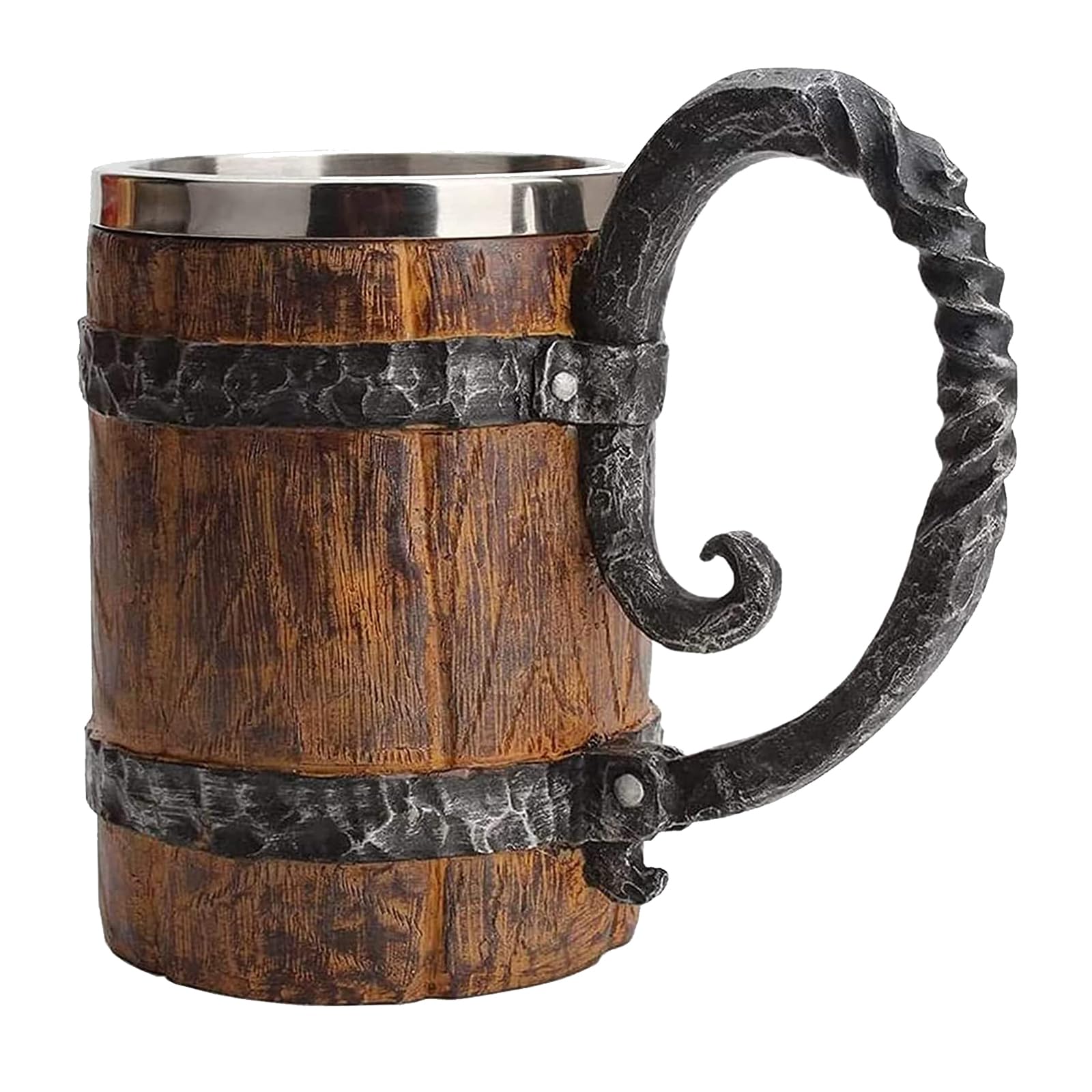 LAUGOKOBE Wooden Barrel Beer Mug, Large Viking Cup Wood Style Beer Stein with Handle, Double Wall Stainless Steel Tankard Mug, Antique gifts for Men Bar Restaurant Renaissance Accessories