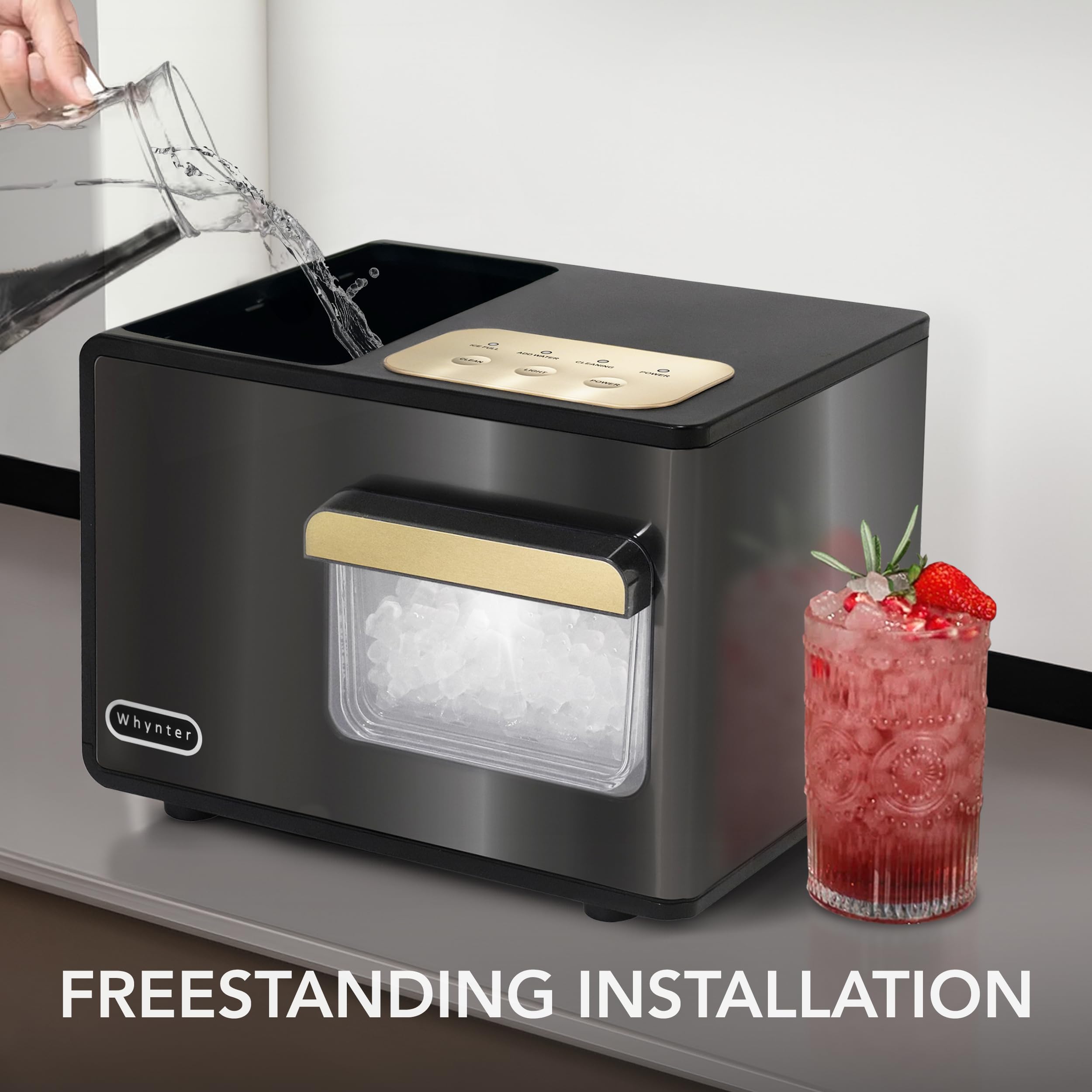 Whynter Nugget Ice Maker, Countertop Portable Ice Maker, IBX-388BG SonicSnö, Automatic Self-Cleaning with Removable Ice Drawer Compact Ice Maker, 40 lbs/24H, Black Stainless Steel and Gold