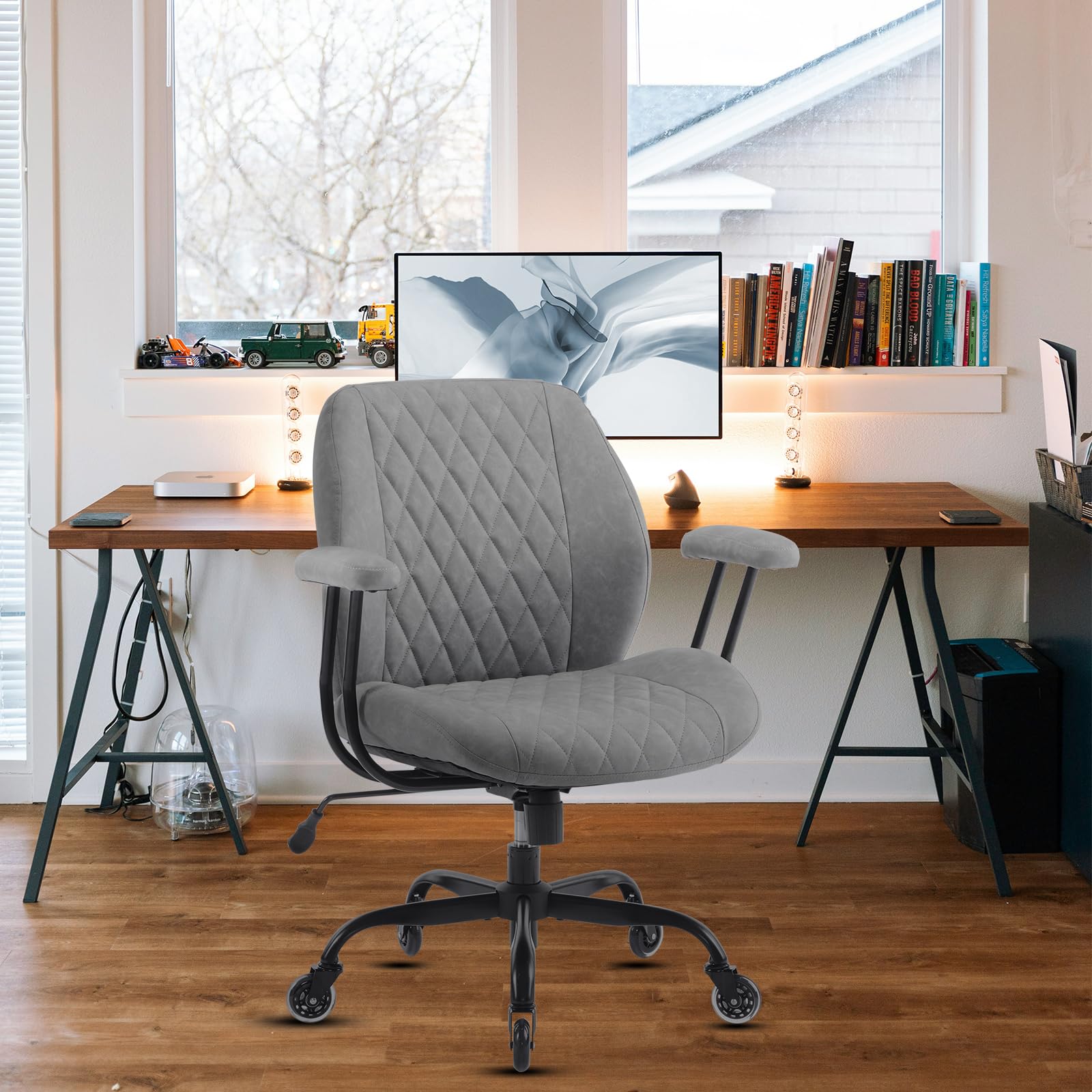 YFO Home Office Desk Chair Office Rubber Chair Casters Ergonomic Computer Chair with Lumbar Support Adjustable Height Rolling Swivel Chair Executive Task Armrests Chair, Grey Leather