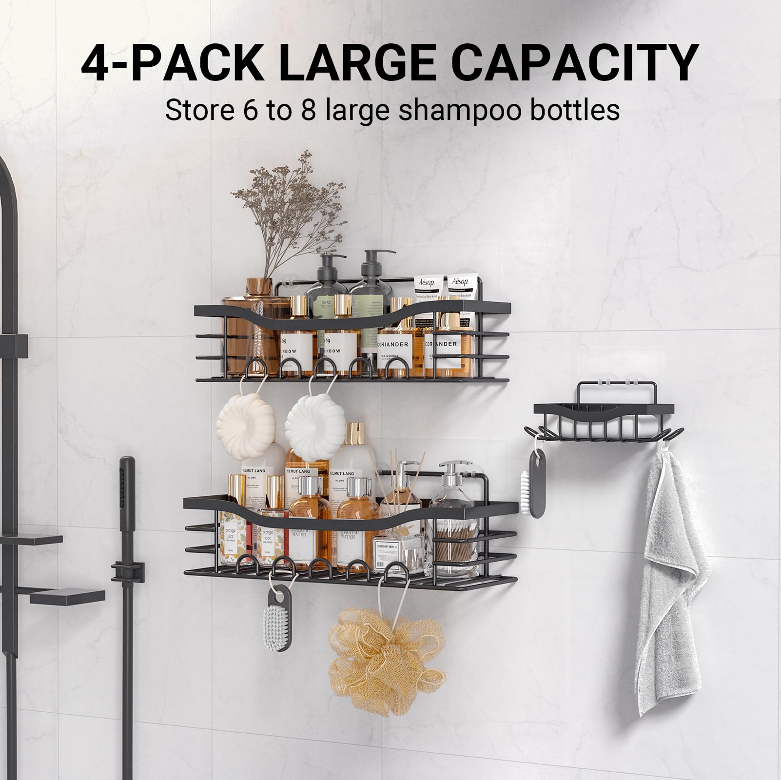 Maivotaf Shower Caddy Adhesive 3 Pack,Hanging Shower Caddy, Rustproof Stainless Steel Hanging Bathroom Organizer with Large Capacity for Bathroom, Kitchen, Countertop, Black, Matte Black