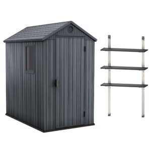 keter darwin 4 x 6 foot outdoor garden tool storage shed backyard utility organizer bundled with 40 inch steel shelving kit, graphite gray