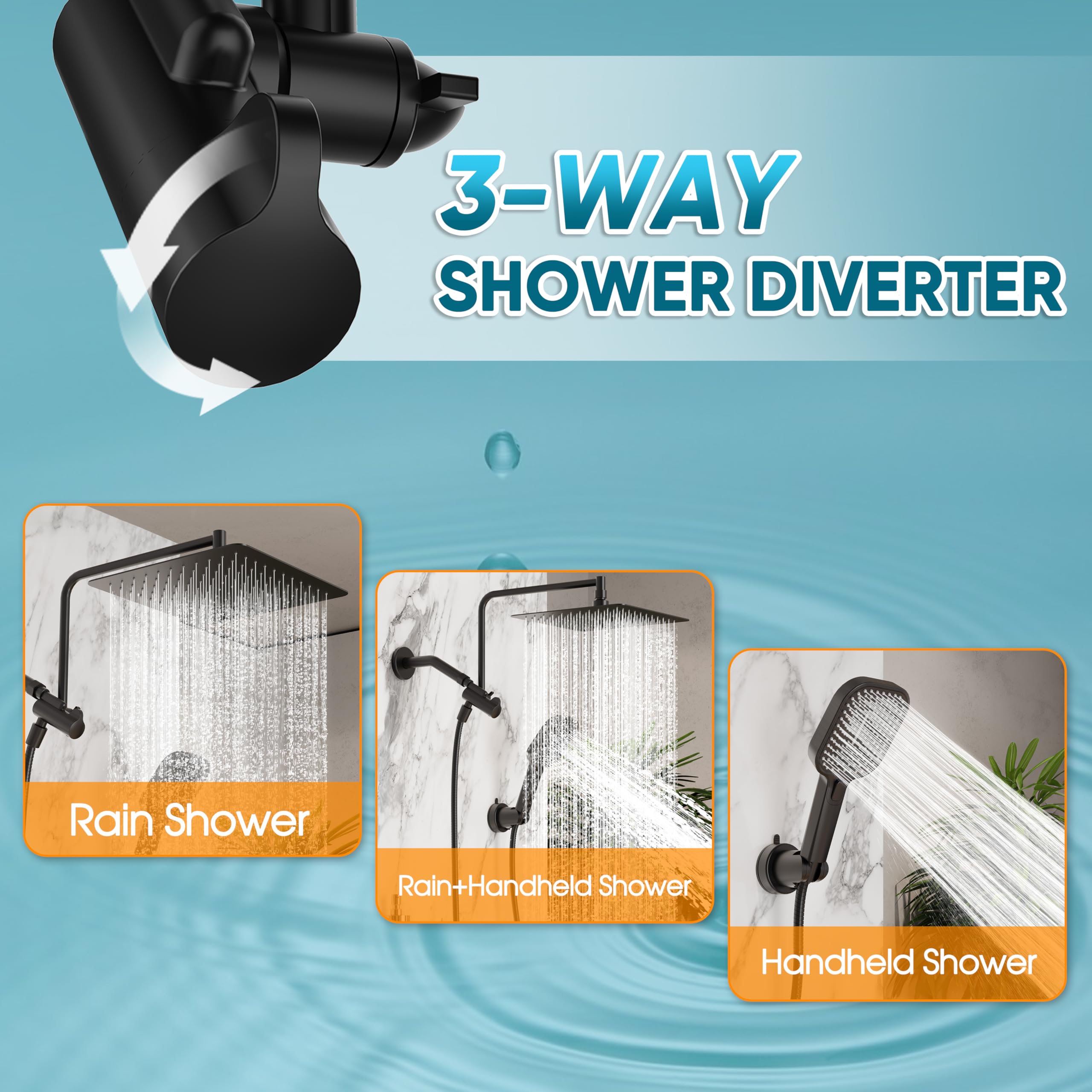 Esnbia Rain Shower Heads with Handheld Spray Combo, 10 Inch High Pressure Rainfall Shower Head with 11" Extension Arm, 3 Setting Handheld Shower Head with Suction Cup Shower Holder, Matte Black