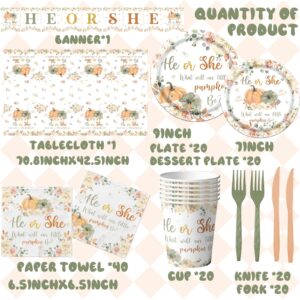 Fall Pumpkin Gender Reveal Tableware,He or She Pumpkin Floral Gender Reveal Party Decorations,What Will Our Little Pumpkin Be Disposable Tablecloth,Plates,Napkins for Autumn Baby Shower Supplies