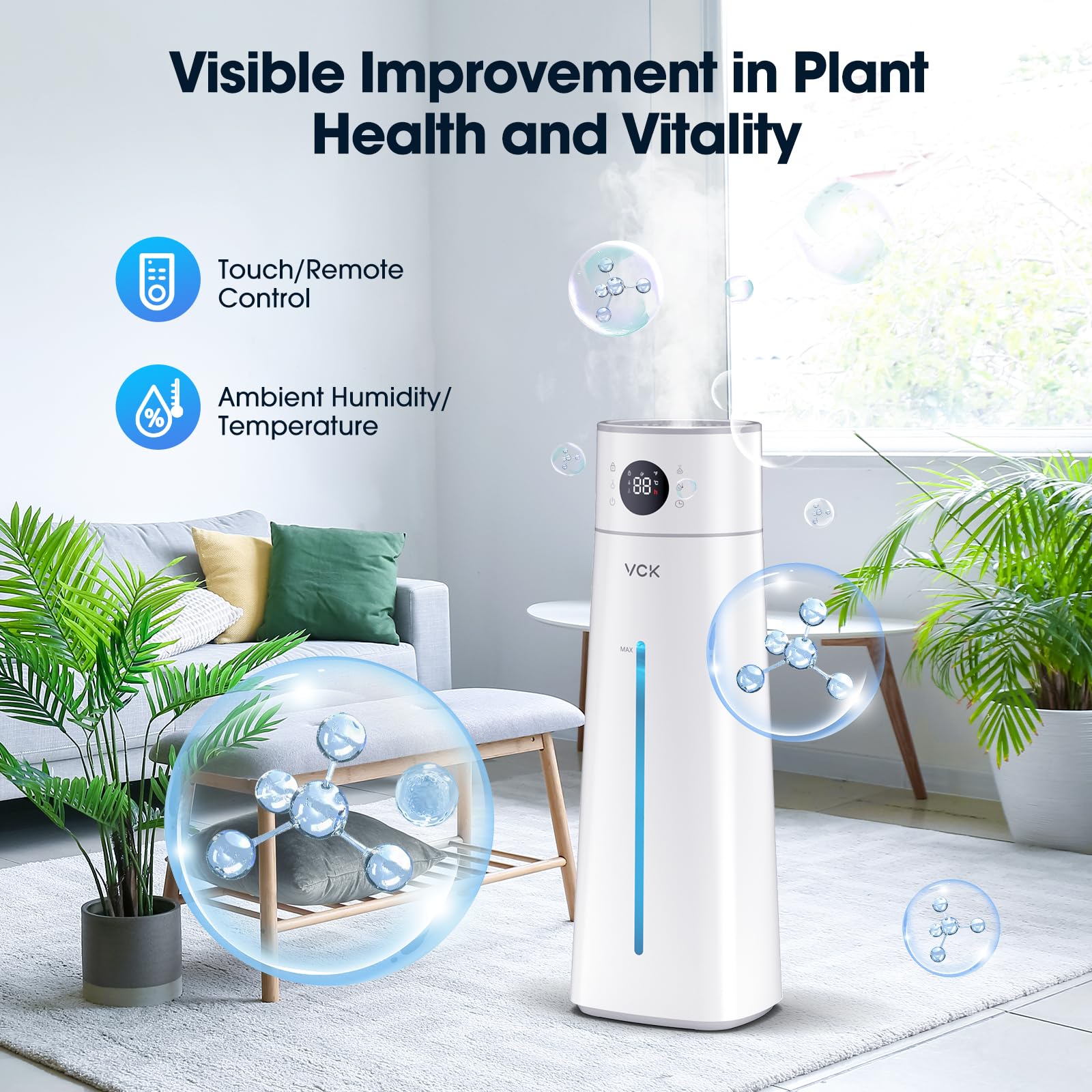 VCK 8L AI Smart Humidifier for Bedroom,Top Fill Cold Mist Humidifiers with 10 Adjustable Mist Levels, 50H Runtime, Auto Mode, 24H Timer, Whisper-Quiet Ultrasonic Humidifiers for Home Large Room Plant