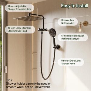 Kurpot Double Shower Heads with Handheld Spray Combo, 10" Stainless Steel Rain Shower Head with Handheld, 3+3 Shower Mode, 13" Adjustable Shower Extension Arm and 59" Long Shower Hose, Matte Black