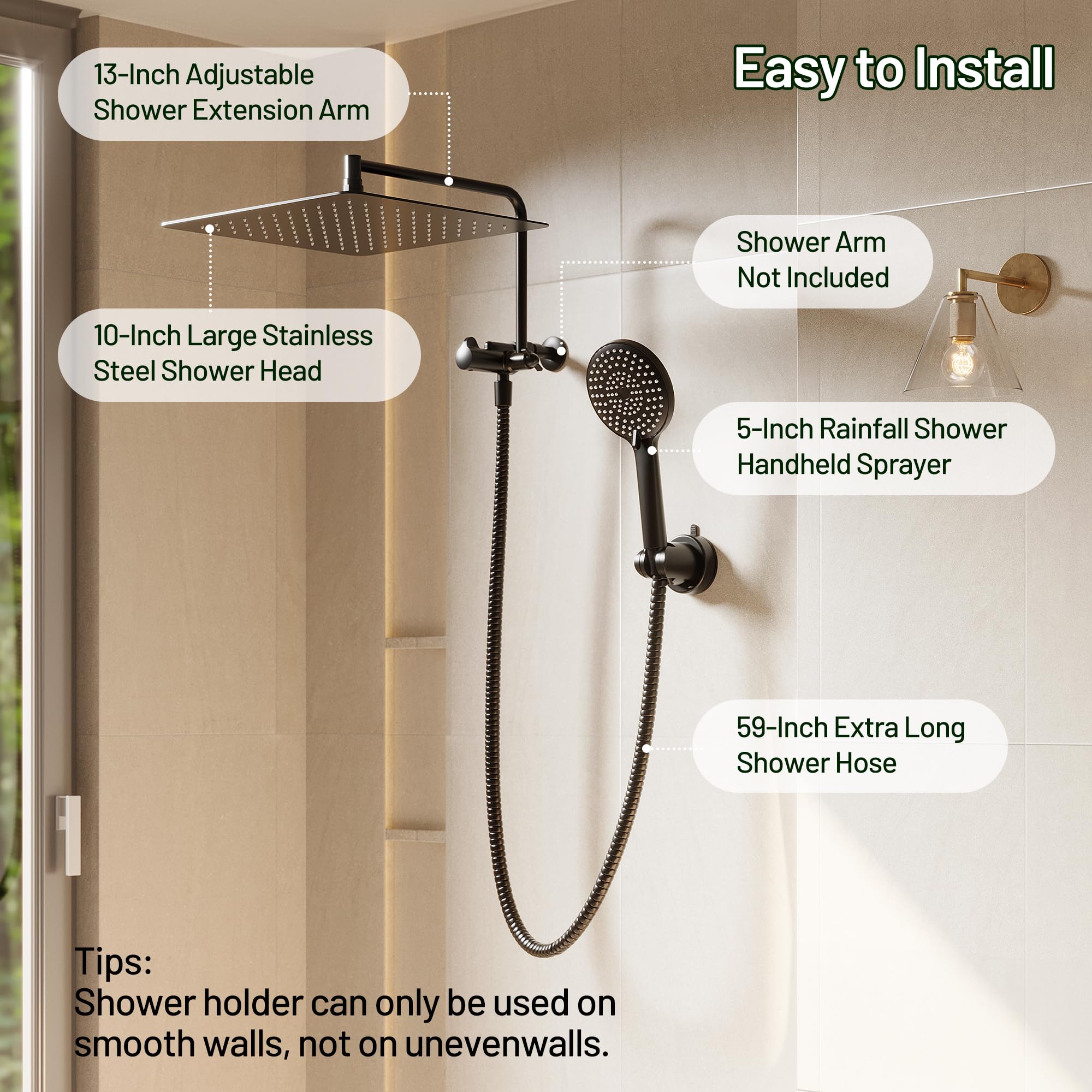 Kurpot Double Shower Heads with Handheld Spray Combo, 10" Stainless Steel Rain Shower Head with Handheld, 3+3 Shower Mode, 13" Adjustable Shower Extension Arm and 59" Long Shower Hose, Matte Black