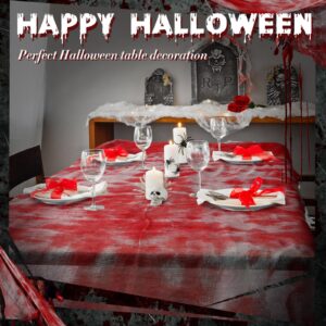 Oudain 7 Pcs Halloween Bloody Gauze Tablecloth and Placemats Set 85" x 60" Horror Spooky Rectangle Table Cover and 6 Pcs Scary Table Mats for Halloween Haunted Zombie House Party Decoration