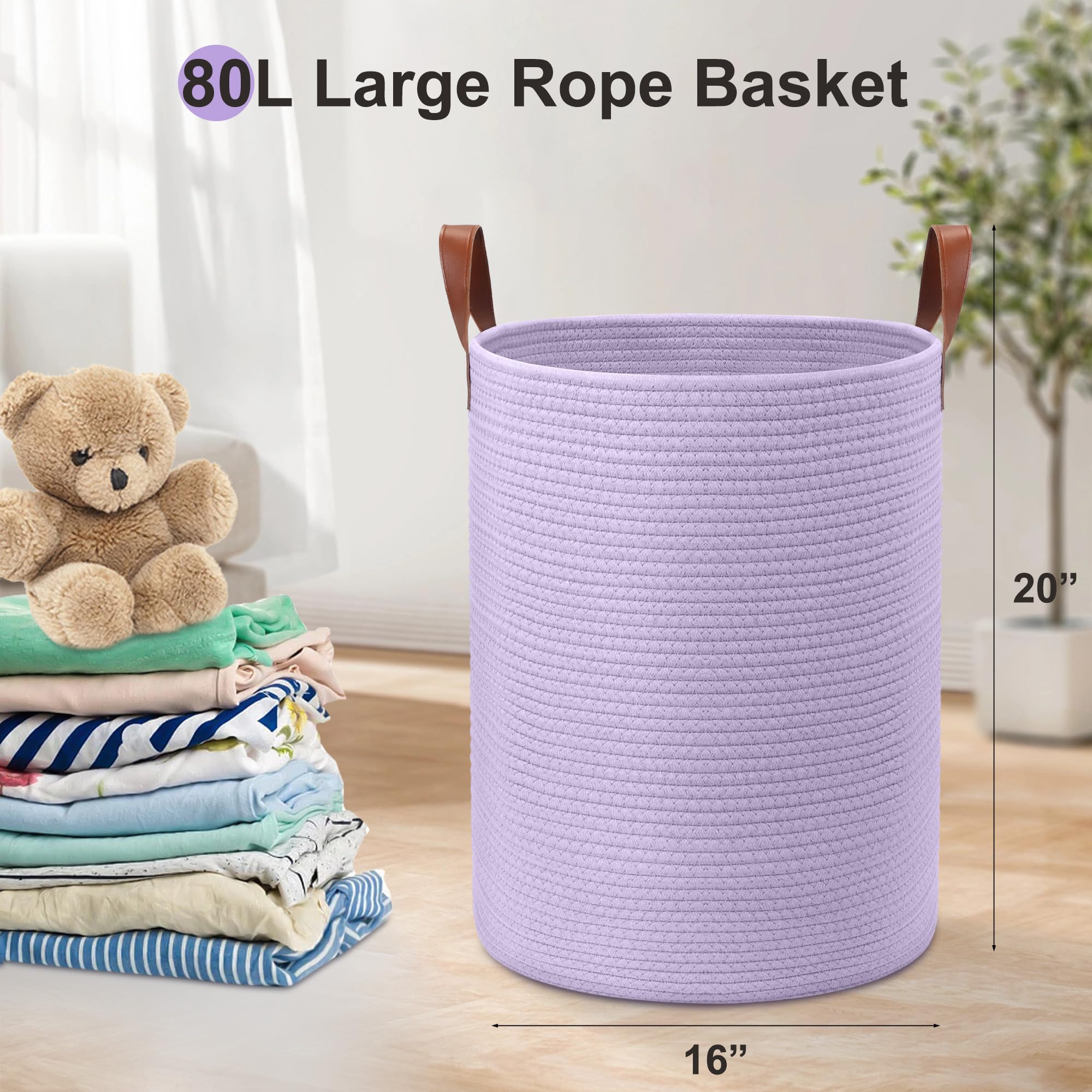 wymulot 80L Large Rope Basket, Woven Rope Storage Basket with Leather Handles, Dog Toy Storage Basket, Bedroom, Nursery Blanket Storage, Bathroom Laundry Basket, 16“x20” Tall Rope Basket (Purple)