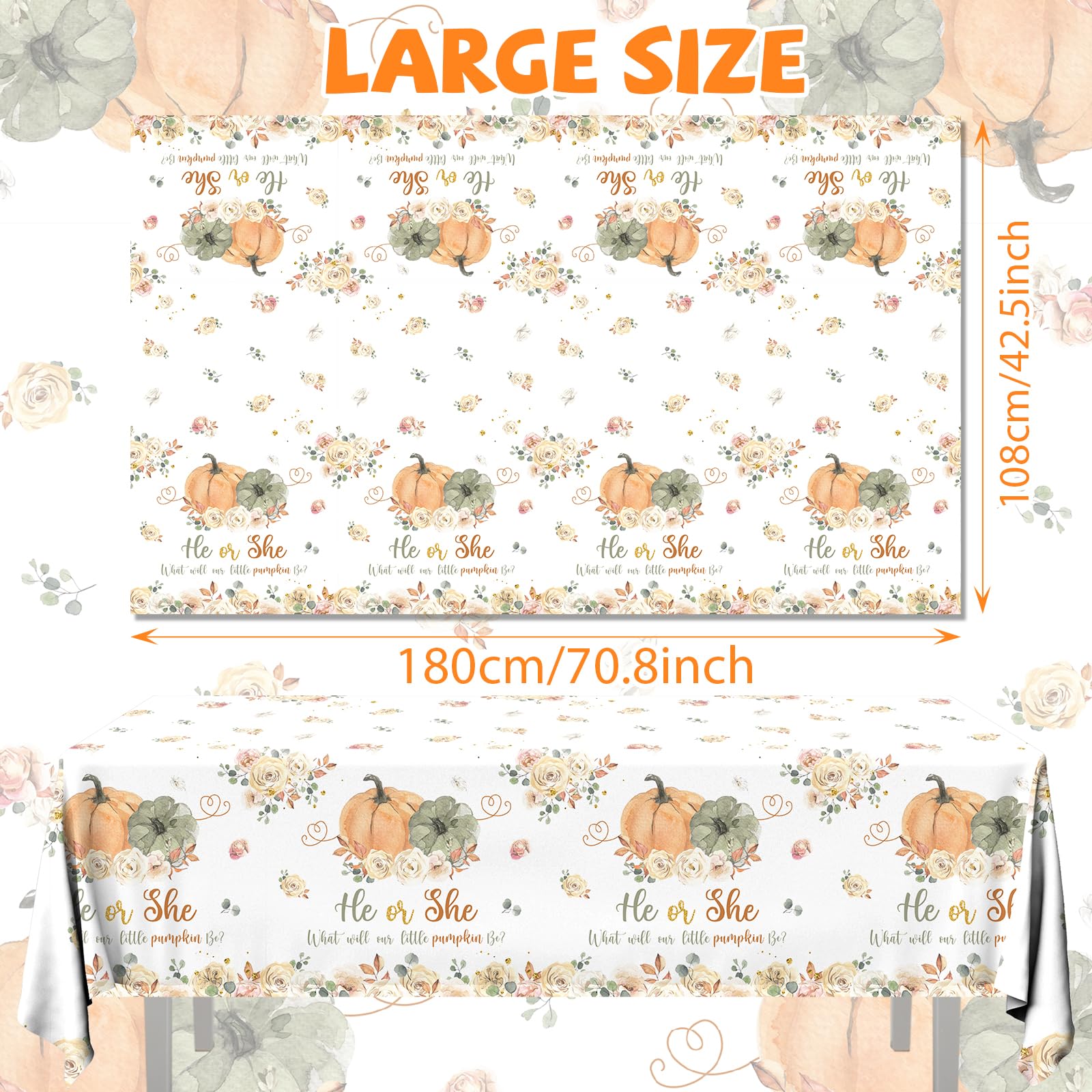 Peghoqu Fall Pumpkin Gender Reveal Tablecloth,He or She Pumpkin Floral Gender Reveal Party Decorations,What Will Our Little Pumpkin Be Disposable Table Cover for Autumn Baby Shower Supplies