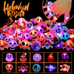 ouddy life 50pcs halloween light up rings for kids, glow in the dark led flash finger lights non-candy fillers toys for trick or treat prizes party favors goodie bag stuffers