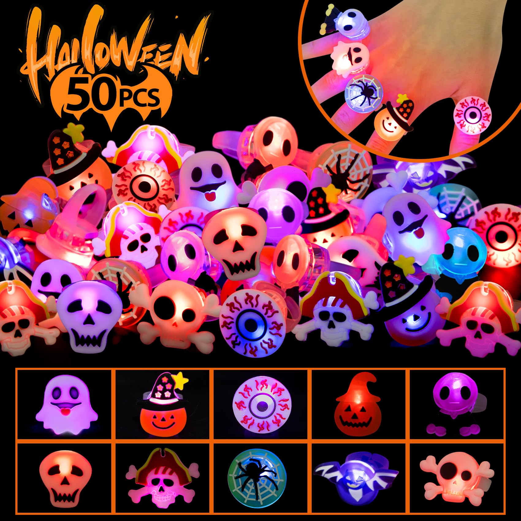 Ouddy Life 50Pcs Halloween Light up Rings for Kids, Glow in the Dark LED Flash Finger Lights Non-Candy Fillers Toys for Trick or Treat Prizes Party Favors Goodie Bag Stuffers