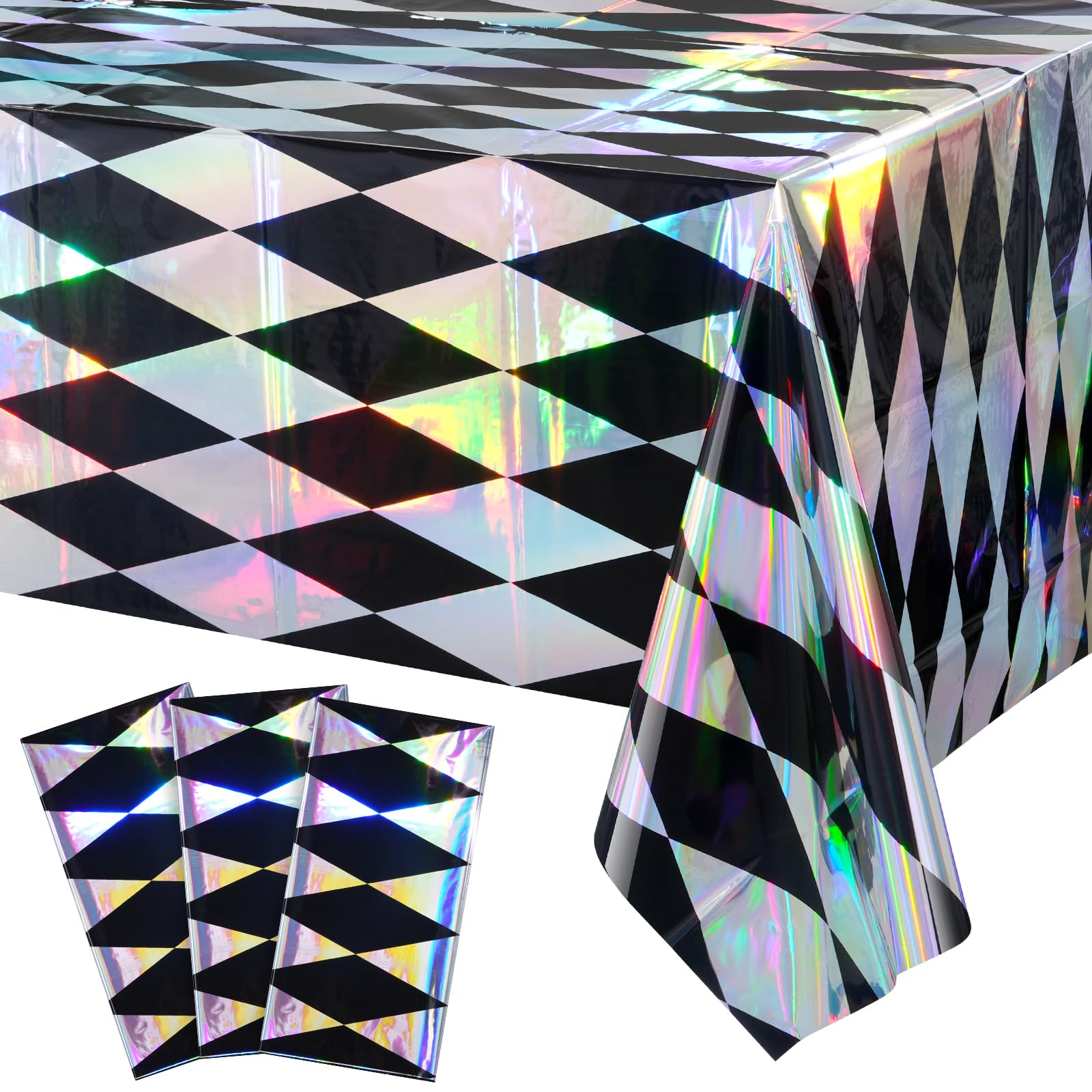 3 Pack Black and Iridescent Diamond Checkered Plastic Tablecloths, Black Gingham Plastic Table Cover, Holographic Foil Rectangle Tablecloth for Wonderland Picnic Camping Oktoberfest Party, 54x108 Inch