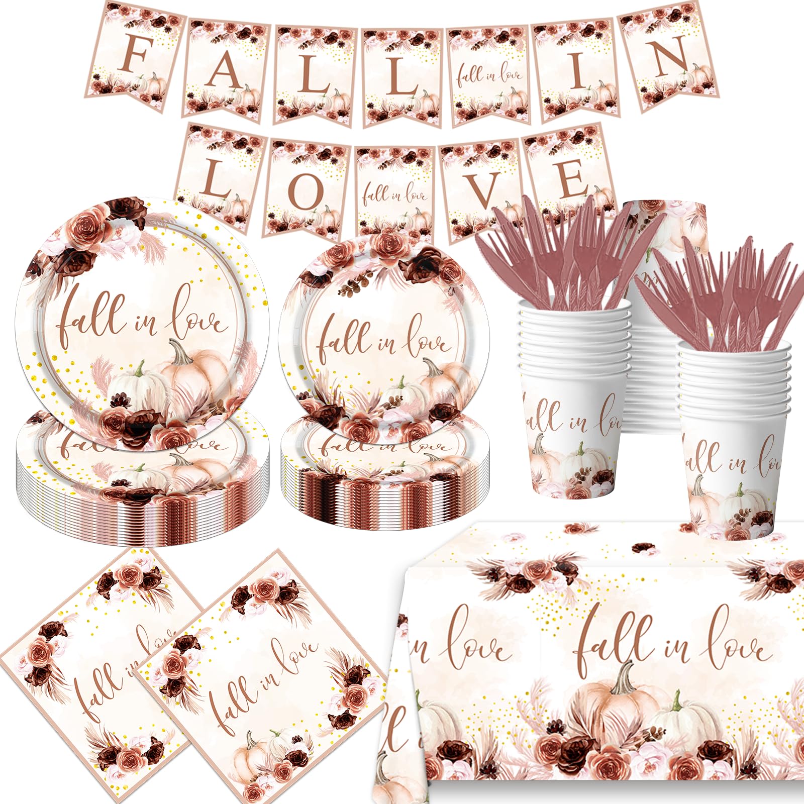 Fall in Love Bridal Shower Decorations-142pcs Fall Wedding Tableware Fall In love Pumpkin Floral Plates and Napkins for Fall Theme Wedding Engagement Supplies