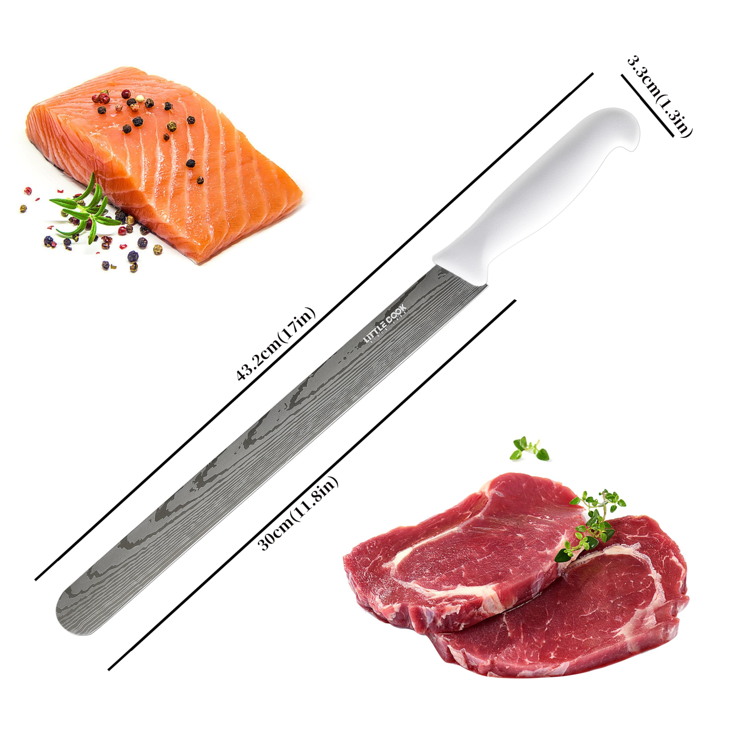 Brisket Slicing Knife, Little Cook 12" Stainless Steel Carving Knife for Meat, Brisket, BBQ, Turkey, Watermelon (White)