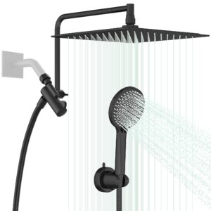 kurpot double shower heads with handheld spray combo, 10" stainless steel rain shower head with handheld, 3+3 shower mode, 13" adjustable shower extension arm and 59" long shower hose, matte black