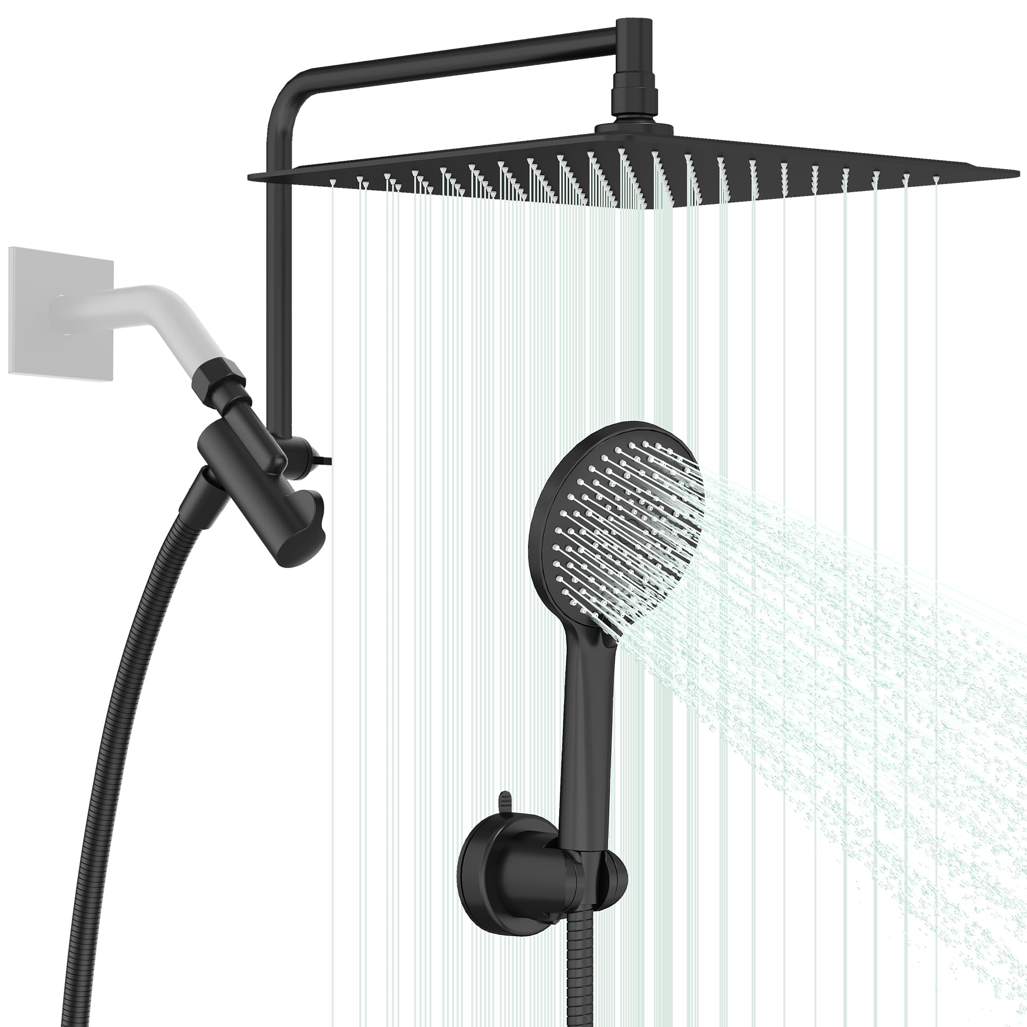 Kurpot Double Shower Heads with Handheld Spray Combo, 10" Stainless Steel Rain Shower Head with Handheld, 3+3 Shower Mode, 13" Adjustable Shower Extension Arm and 59" Long Shower Hose, Matte Black