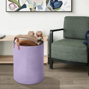 wymulot 80L Large Rope Basket, Woven Rope Storage Basket with Leather Handles, Dog Toy Storage Basket, Bedroom, Nursery Blanket Storage, Bathroom Laundry Basket, 16“x20” Tall Rope Basket (Purple)