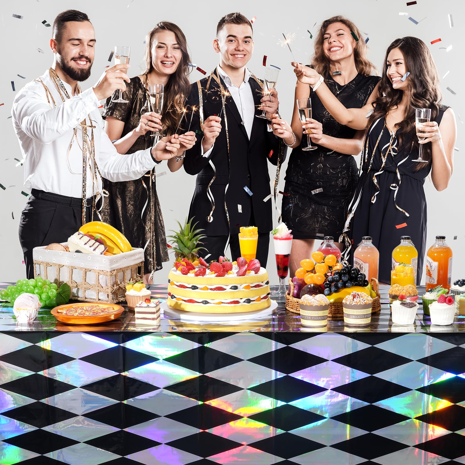 3 Pack Black and Iridescent Diamond Checkered Plastic Tablecloths, Black Gingham Plastic Table Cover, Holographic Foil Rectangle Tablecloth for Wonderland Picnic Camping Oktoberfest Party, 54x108 Inch