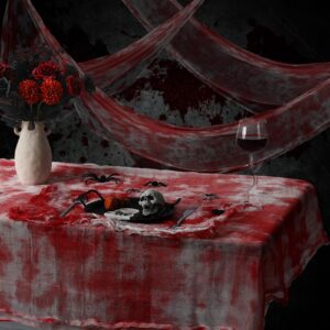 oudain 7 pcs halloween bloody gauze tablecloth and placemats set 85" x 60" horror spooky rectangle table cover and 6 pcs scary table mats for halloween haunted zombie house party decoration