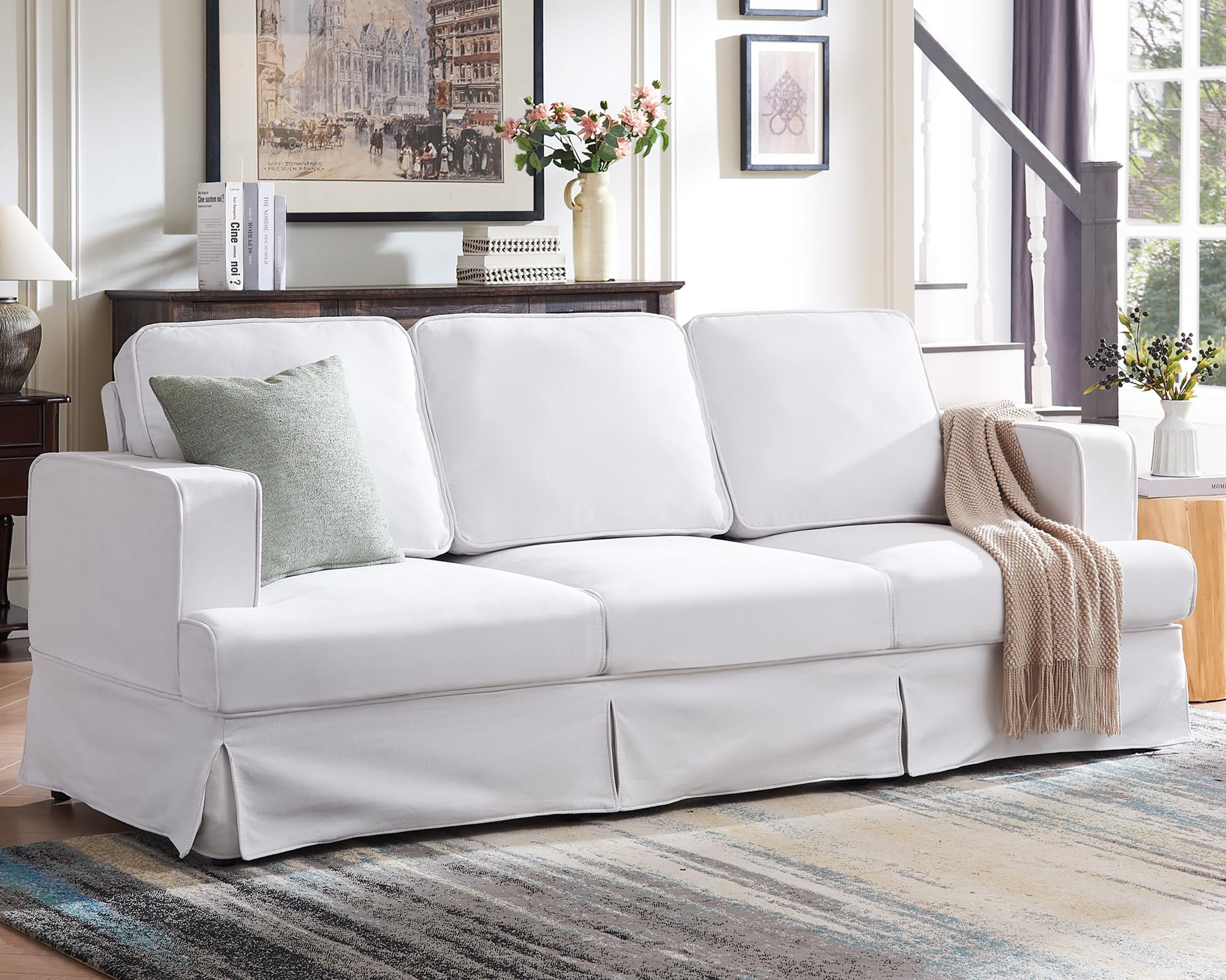 AMERLIFE Sofa, 89 inch Slipcovered Couch, 3 Seater Sofa Comfy Couch for Living Room Office, Linen White Couch