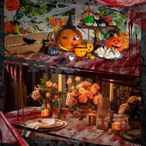 Oudain 7 Pcs Halloween Bloody Gauze Tablecloth and Placemats Set 85" x 60" Horror Spooky Rectangle Table Cover and 6 Pcs Scary Table Mats for Halloween Haunted Zombie House Party Decoration