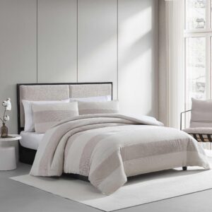 Vera Wang - Queen Duvet Cover Set, Premium Cotton Bedding with Matching Shams, Textured Striped Decor, Ideal for All Seasons, Oeko-Tex Certified (Chenille Waffle Stripe Beige, Queen)