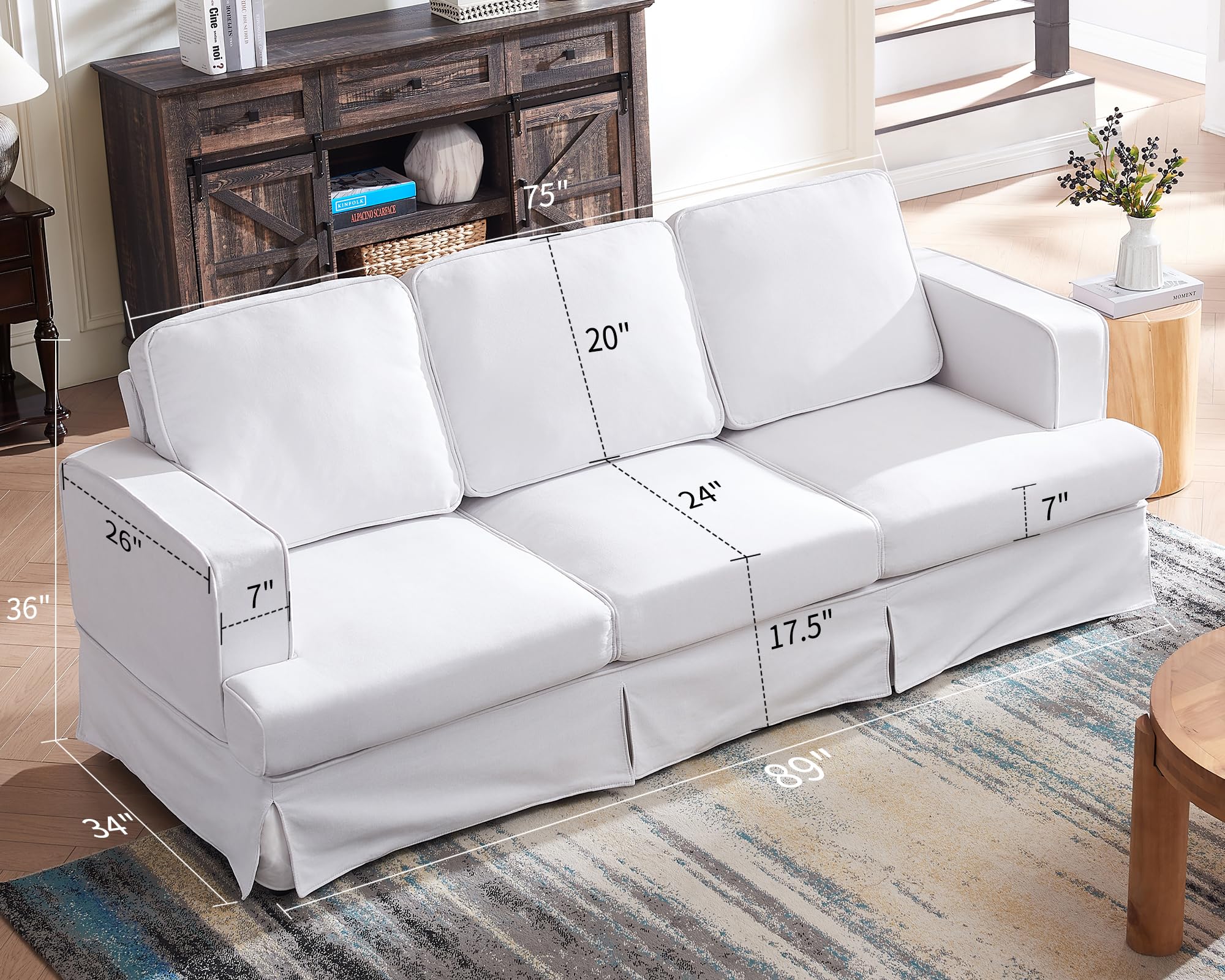 AMERLIFE Sofa, 89 inch Slipcovered Couch, 3 Seater Sofa Comfy Couch for Living Room Office, Linen White Couch