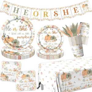 fall pumpkin gender reveal tableware,he or she pumpkin floral gender reveal party decorations,what will our little pumpkin be disposable tablecloth,plates,napkins for autumn baby shower supplies