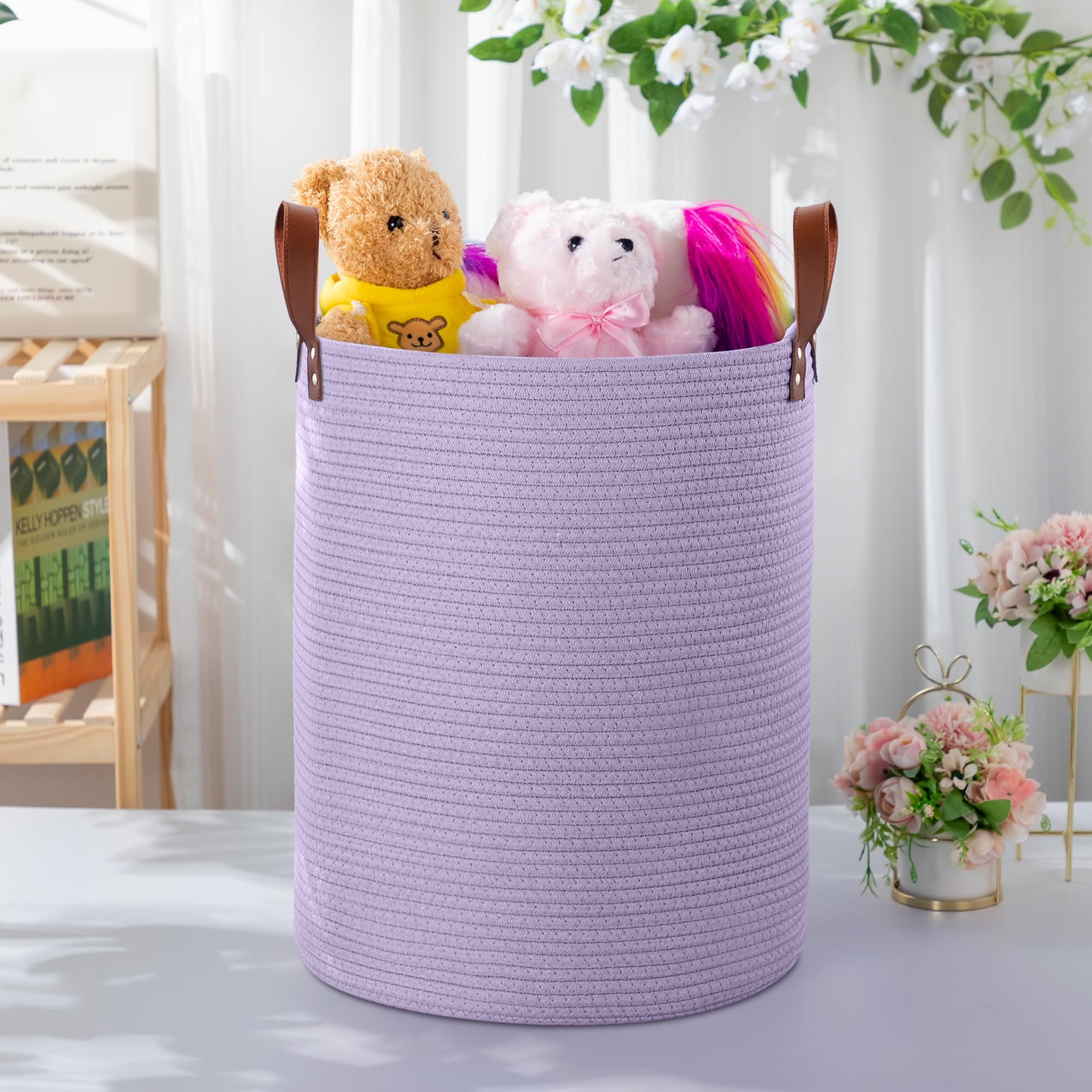 wymulot 80L Large Rope Basket, Woven Rope Storage Basket with Leather Handles, Dog Toy Storage Basket, Bedroom, Nursery Blanket Storage, Bathroom Laundry Basket, 16“x20” Tall Rope Basket (Purple)