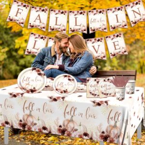 Fall in Love Bridal Shower Decorations-142pcs Fall Wedding Tableware Fall In love Pumpkin Floral Plates and Napkins for Fall Theme Wedding Engagement Supplies