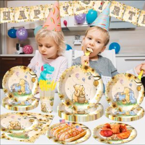 140pcs Disposable Winnie Baby Shower Party Supplies Classic Bear Party Decorations for Kids Boys Birthday Neutral Themed Plates Napkin Cups Disposable Tableware Set Serves 20 Guests