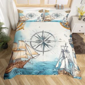 nautical sailboat duvet cover king size,compass rudder bedding set,kids boys girls teens adults,sea adventure ocean map comforter cover sketch navy blue beige quilt cover,1 pillowcase(not comforter)