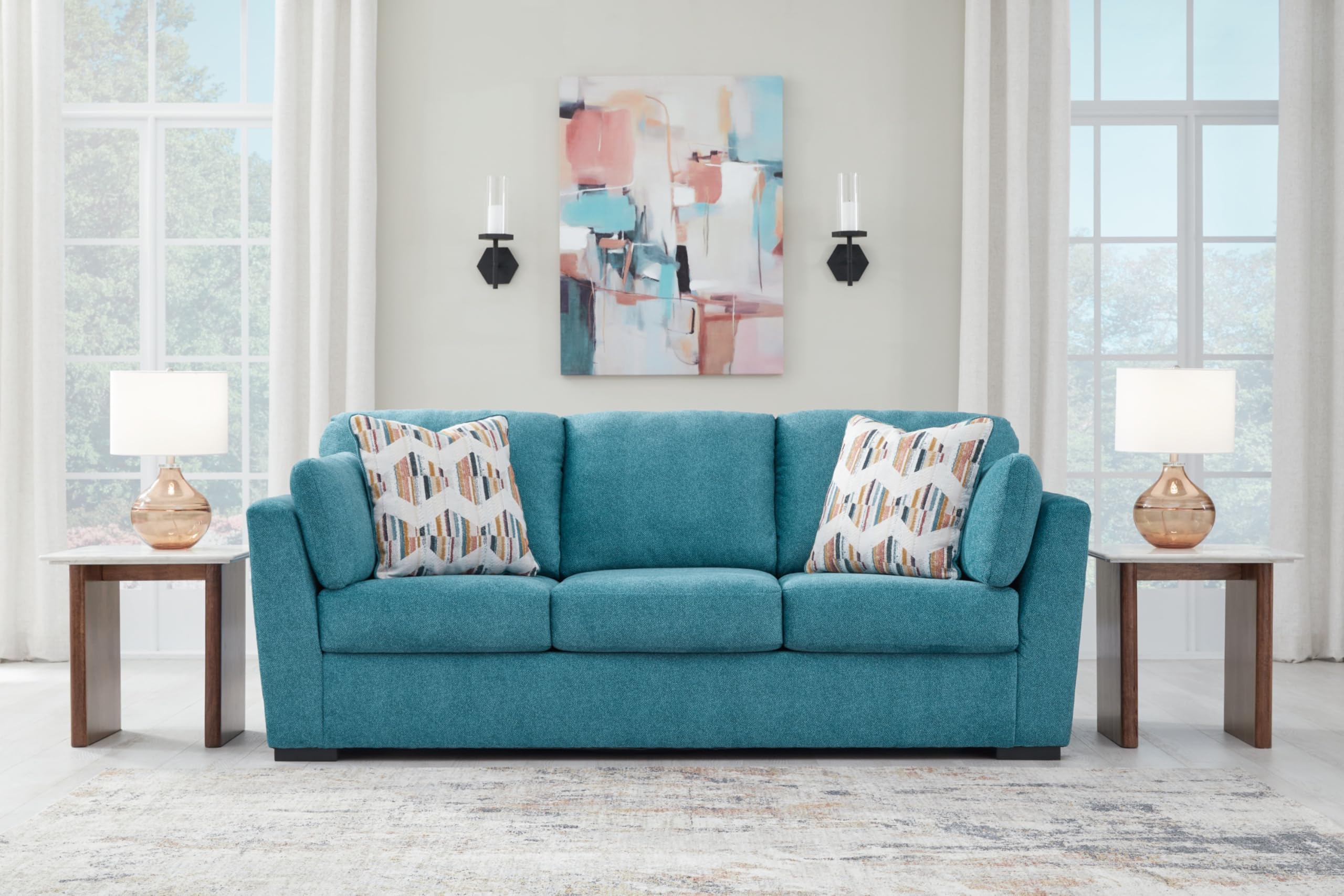 Signature Design by Ashley Keerwick Scandinavian Sofa with 4 Toss Pillows, Blue