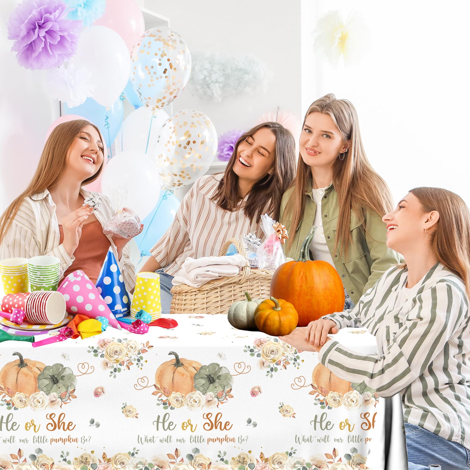 Peghoqu Fall Pumpkin Gender Reveal Tablecloth,He or She Pumpkin Floral Gender Reveal Party Decorations,What Will Our Little Pumpkin Be Disposable Table Cover for Autumn Baby Shower Supplies