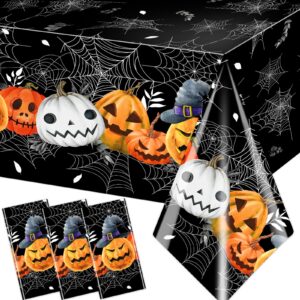 black halloween tablecloth, 3 pack halloween table cover, disposable spider web pumpkin halloween table cloths, halloween party favor supplies for kitchen dining table decorations