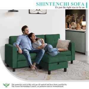 Shintenchi Convertible Sectional Sofa Couch, Modern Linen Fabric L-Shaped, 3-Seat Sofa Sectional with Storage Function Ottoman/Armrest Reversible Chaise for Living Room and Small Space (Green)