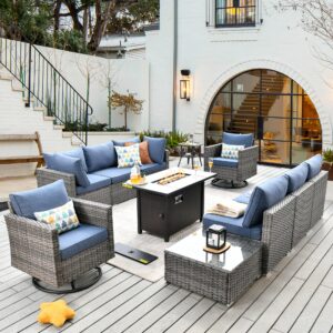 caodoc 11 pieces outdoor patio furniture set, rattan wicker sectional glide rocker chairs sets with fire pit, swivel glider chairs, and coffee table