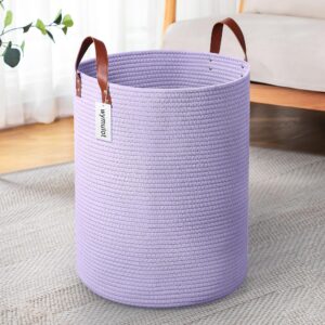 wymulot 80l large rope basket, woven rope storage basket with leather handles, dog toy storage basket, bedroom, nursery blanket storage, bathroom laundry basket, 16“x20” tall rope basket (purple)