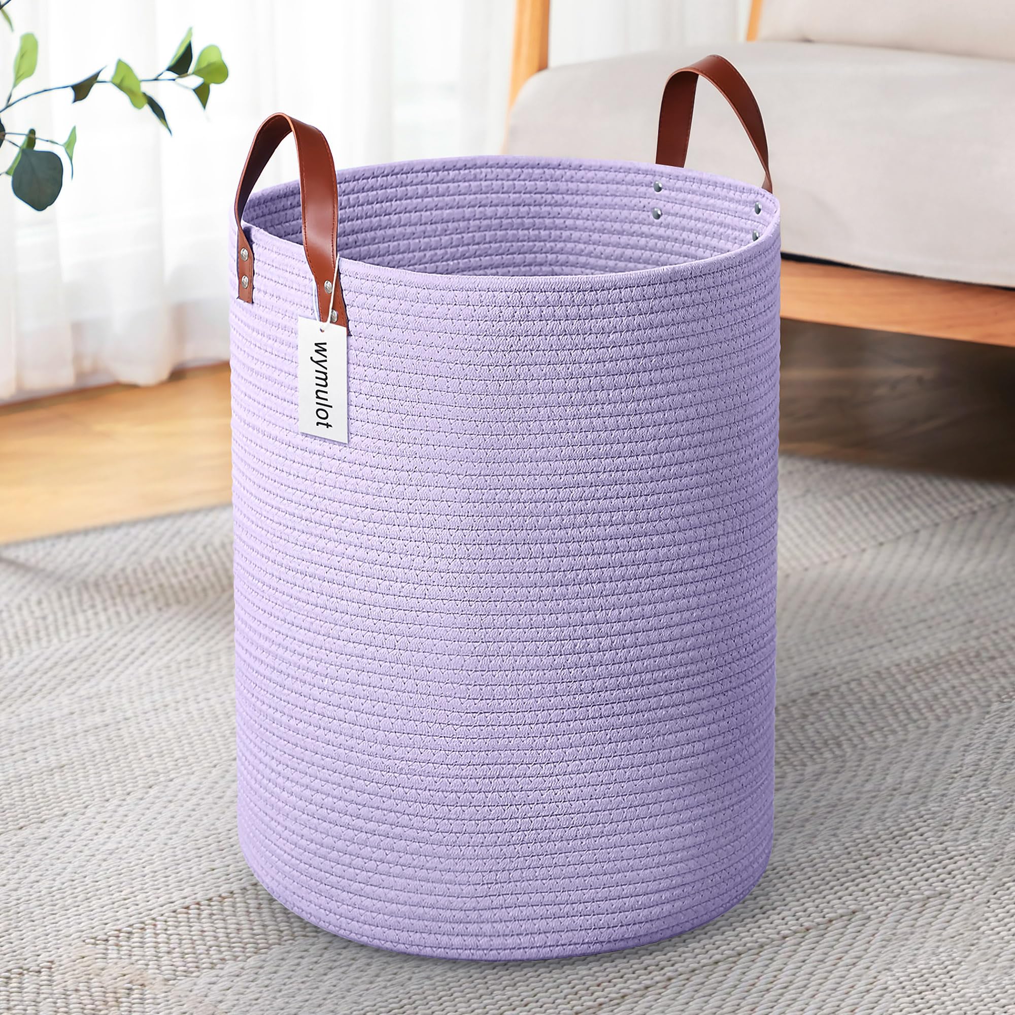 wymulot 80L Large Rope Basket, Woven Rope Storage Basket with Leather Handles, Dog Toy Storage Basket, Bedroom, Nursery Blanket Storage, Bathroom Laundry Basket, 16“x20” Tall Rope Basket (Purple)